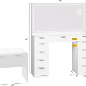 DWVO Vanity Desk with LED-Lit Mirror & Lights, Makeup Vanity Station with 11 Compartments and Magnifier, 46'' Dressing Table with Electrical Socket and Seating Storage for Bedroom, Frost White