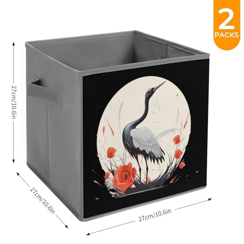 Cute Crane Bird Flowers Rose Foldable Storage Bins with Handles Storage Cubes Closet Organizer for Living Room Bedroom 2PCS