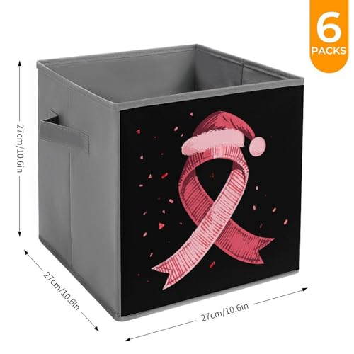 Breast Cancer Christmas Santa Hat Ribbon Foldable Storage Bins with Handles Storage Cubes Closet Organizer for Living Room Bedroom 6PCS