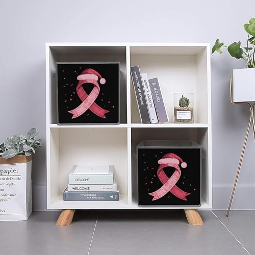 Breast Cancer Christmas Santa Hat Ribbon Foldable Storage Bins with Handles Storage Cubes Closet Organizer for Living Room Bedroom 6PCS