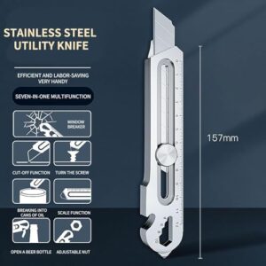 7 in 1 Mutipurpose Utility Knife, 18mm Heavy Duty Stainless Steel Utility Knife, Multi Purpose Utility Knife, Retractable Snap Blade Utility Knife for Office, Home (2 PCS)