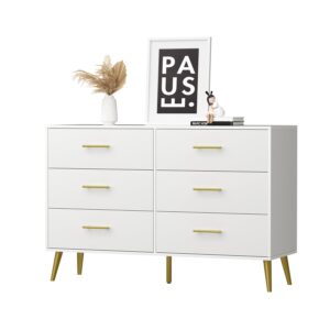 FURNIWAY 6-Drawer Dresser for Bedroom, Modern White Dresser with Gold Handles