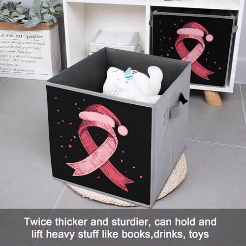 Breast Cancer Christmas Santa Hat Ribbon Foldable Storage Bins with Handles Storage Cubes Closet Organizer for Living Room Bedroom 6PCS