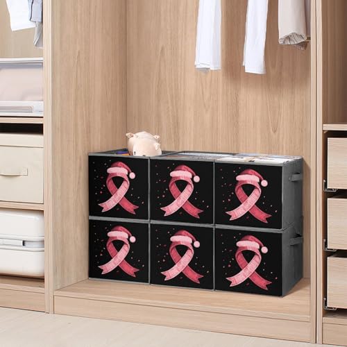 Breast Cancer Christmas Santa Hat Ribbon Foldable Storage Bins with Handles Storage Cubes Closet Organizer for Living Room Bedroom 6PCS