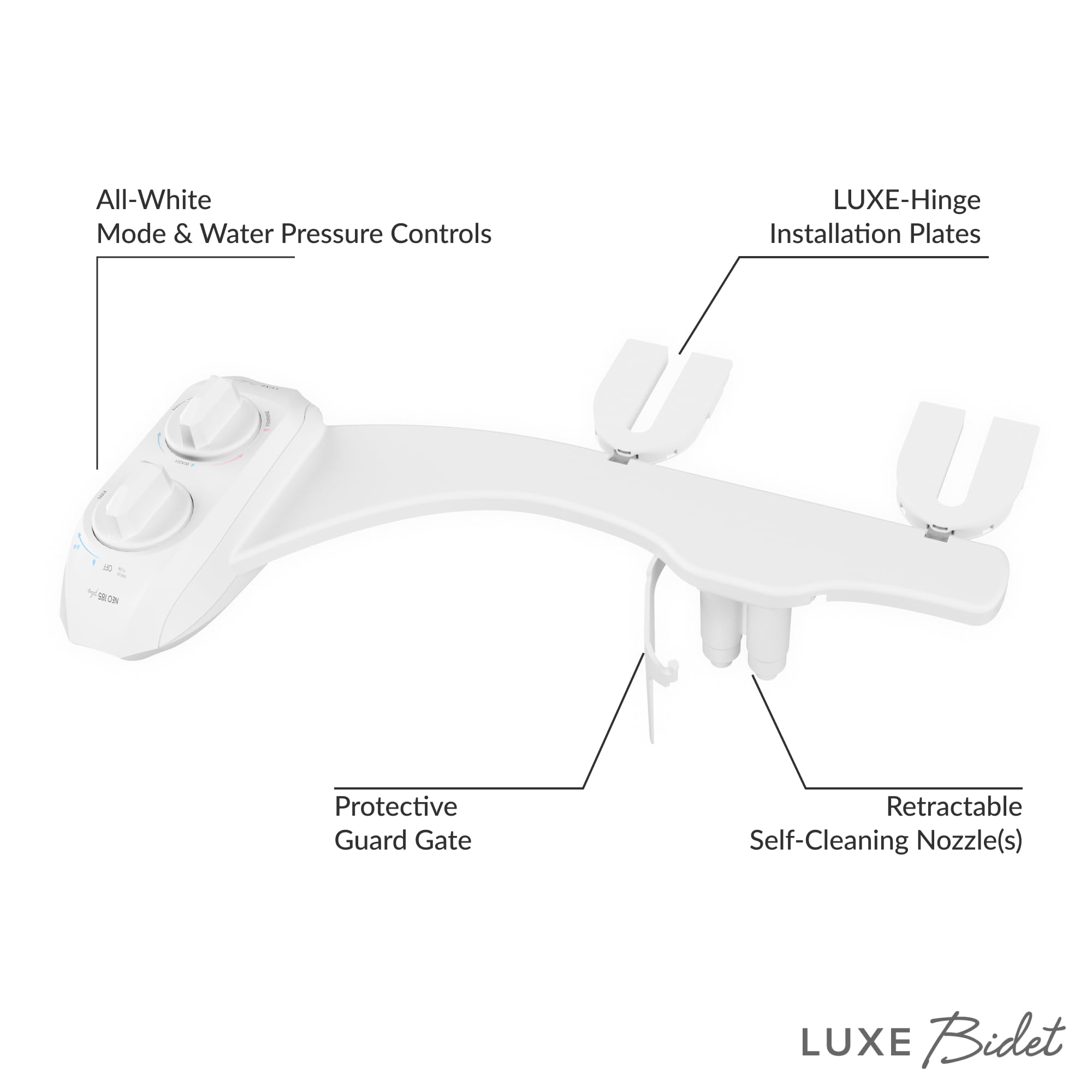 LUXE Bidet NEO 185 Plus White, Toilet Seat Bumpers, and Shut-off Valve T-Adapter Bundle