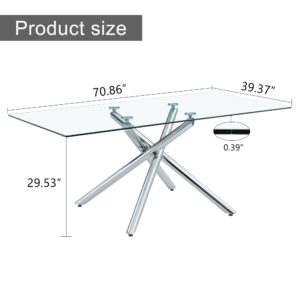 Ball & Cast 71" Modern Glass Dining Table with Rectangular Tempered Tabletop,Dinner Desk W/Silver Chrome Metal Legs,for Home,Kitchen,Dining Room,Office,Silver+Clear