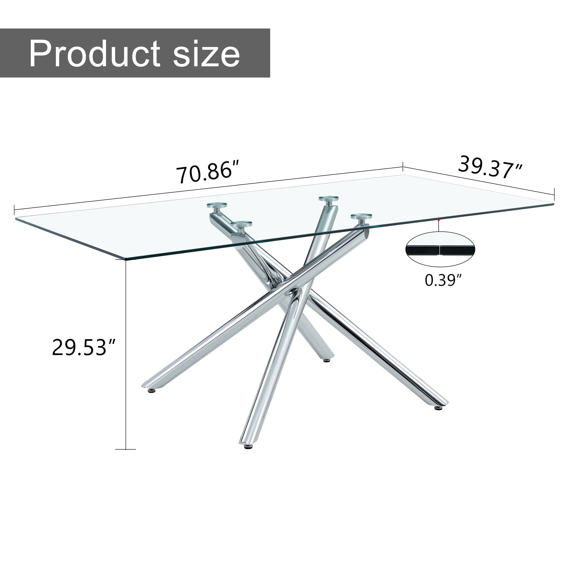 Ball & Cast 71" Modern Glass Dining Table with Rectangular Tempered Tabletop,Dinner Desk W/Silver Chrome Metal Legs,for Home,Kitchen,Dining Room,Office,Silver+Clear