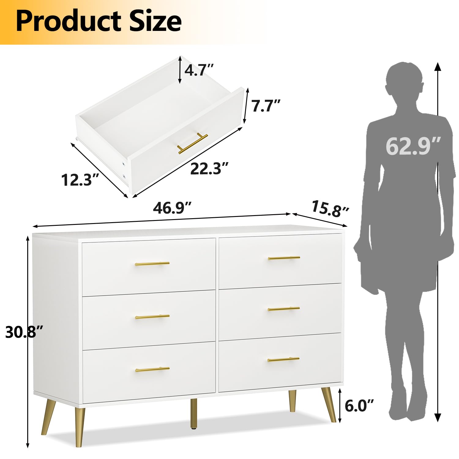 FURNIWAY 6-Drawer Dresser for Bedroom, Modern White Dresser with Gold Handles