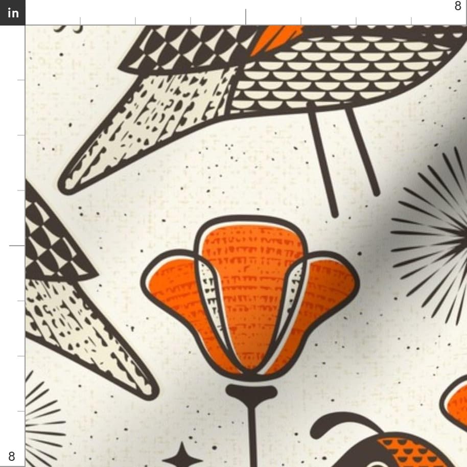 Spoonflower Fabric - Mid Century Quail Mod Floral Poppies Scandi Retro Neutral Bird Orange Printed on Petal Signature Cotton Fabric Fat Quarter - Sewing Quilting Apparel Crafts Decor