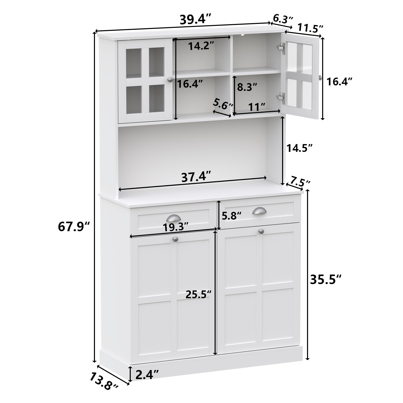 Kitchen Pantry Cabinet with Double Tilt Out Trash Cabinet, 68" Tall Kitchen Storage Cabinet with 2 Drawers & Hutch, 20 Gallon Hidden Trash Can Cabinet, Kitchen Cupboard with Microwave Coffee Stand