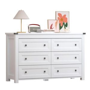 wodeer white 6 drawers dresser for bedroom,wood farmhouse storage chest of drawers, dresser with metal handles,dressers organizer for bedroom, living room,nursery,hallway