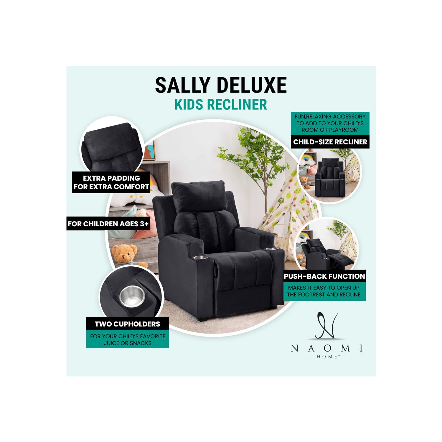 Sally Deluxe Kids Recliner Chair with Footrest & 2 Cup Holders, Push Back Toddler Recliner for Ages 3+, Perfect Kid Recliners for Boys & Girls - Ideal Recliner Chairs for Toddlers, Kids Room - Black