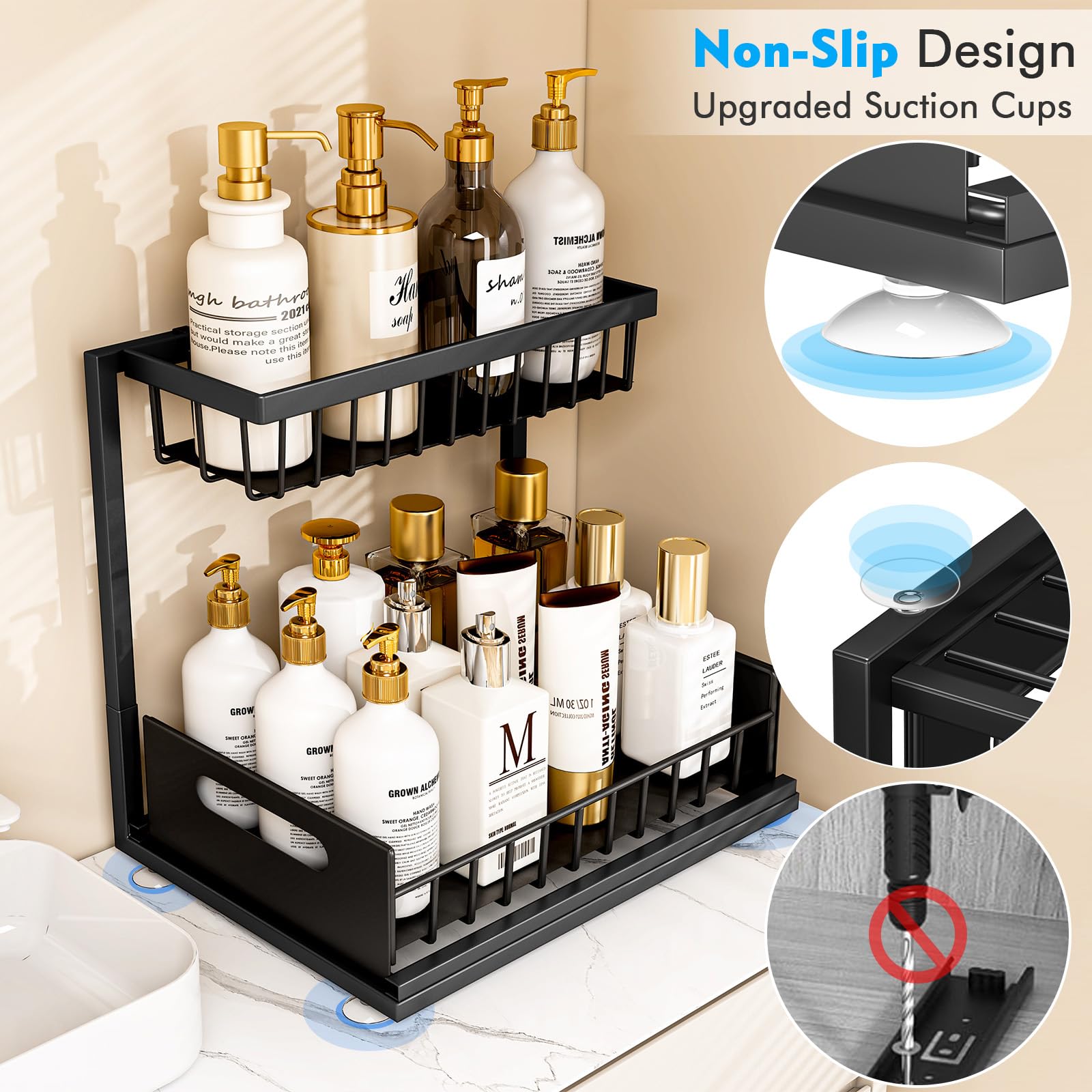 L-Shape Under Sink Organizer 2 Pack, Two Tier Pull Out Kitchen Bathroom Organizers and Storage, Slide Out Sink Shelf Cabinet Storage Shelves, Multi-Purpose Cabinet Organizer Shelf for Home, Black