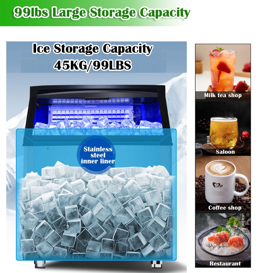 EQCOTWEA Commercial Ice Maker Machine, 330lbs/24H Ice Machine, with Filter, 99lbs Storage Capacity, 126 Pieces Ice Cubes, Stainless Steel Cabinet Ice Maker for Restaurant, Cafe, Bar, Household