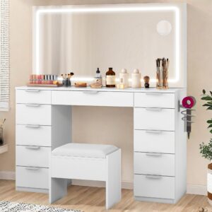 DWVO Vanity Desk with LED-Lit Mirror & Lights, Makeup Vanity Station with 11 Compartments and Magnifier, 46'' Dressing Table with Electrical Socket and Seating Storage for Bedroom, Frost White