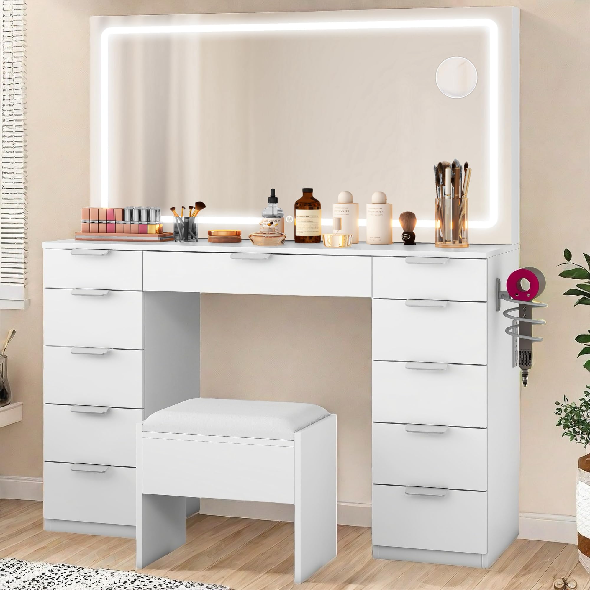 DWVO Vanity Desk with LED-Lit Mirror & Lights, Makeup Vanity Station with 11 Compartments and Magnifier, 46'' Dressing Table with Electrical Socket and Seating Storage for Bedroom, Frost White