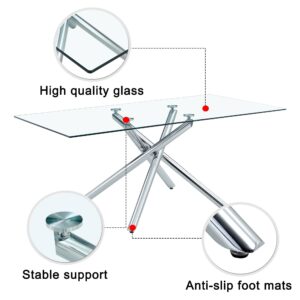 Ball & Cast 71" Modern Glass Dining Table with Rectangular Tempered Tabletop,Dinner Desk W/Silver Chrome Metal Legs,for Home,Kitchen,Dining Room,Office,Silver+Clear