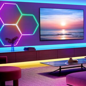 lylunnamsp rgb hexagon garage light with remote, 15 pack hexagon lights, rgb dimmable and speed adjustable led hexagon lights, 358 modes, led ceiling lights for gaming room bar party