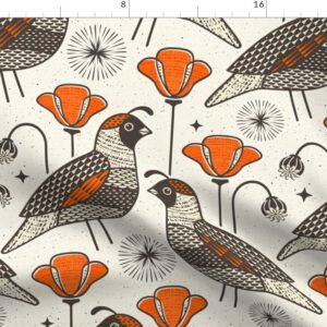 Spoonflower Fabric - Mid Century Quail Mod Floral Poppies Scandi Retro Neutral Bird Orange Printed on Petal Signature Cotton Fabric Fat Quarter - Sewing Quilting Apparel Crafts Decor