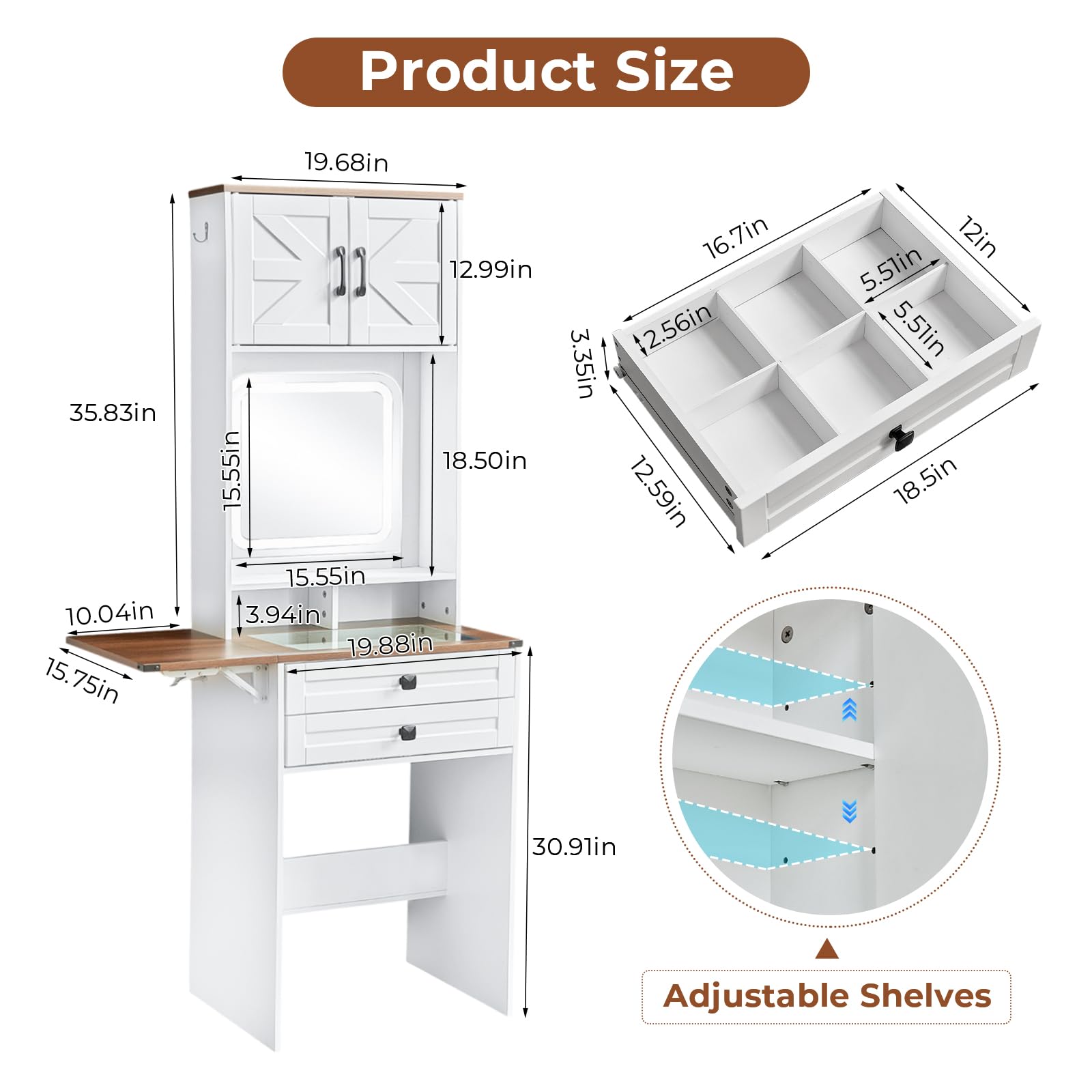 JanflyHome Small Vanity Desk with Mirror and Lights-Farmhouse Compact Makeup Vanity Table with Glass Tabletop & Drawers, 62.39'' Dressing Table with Fold-up Panel for Small Space & Bedroom, White