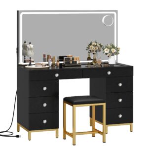 YITAHOME Vanity Desk with Mirror, Power Outlet and Magnifying Glass, Makeup Table with 8 Drawers, 3 Lighting Colors, for Bedroom and Dressing Areas, Black