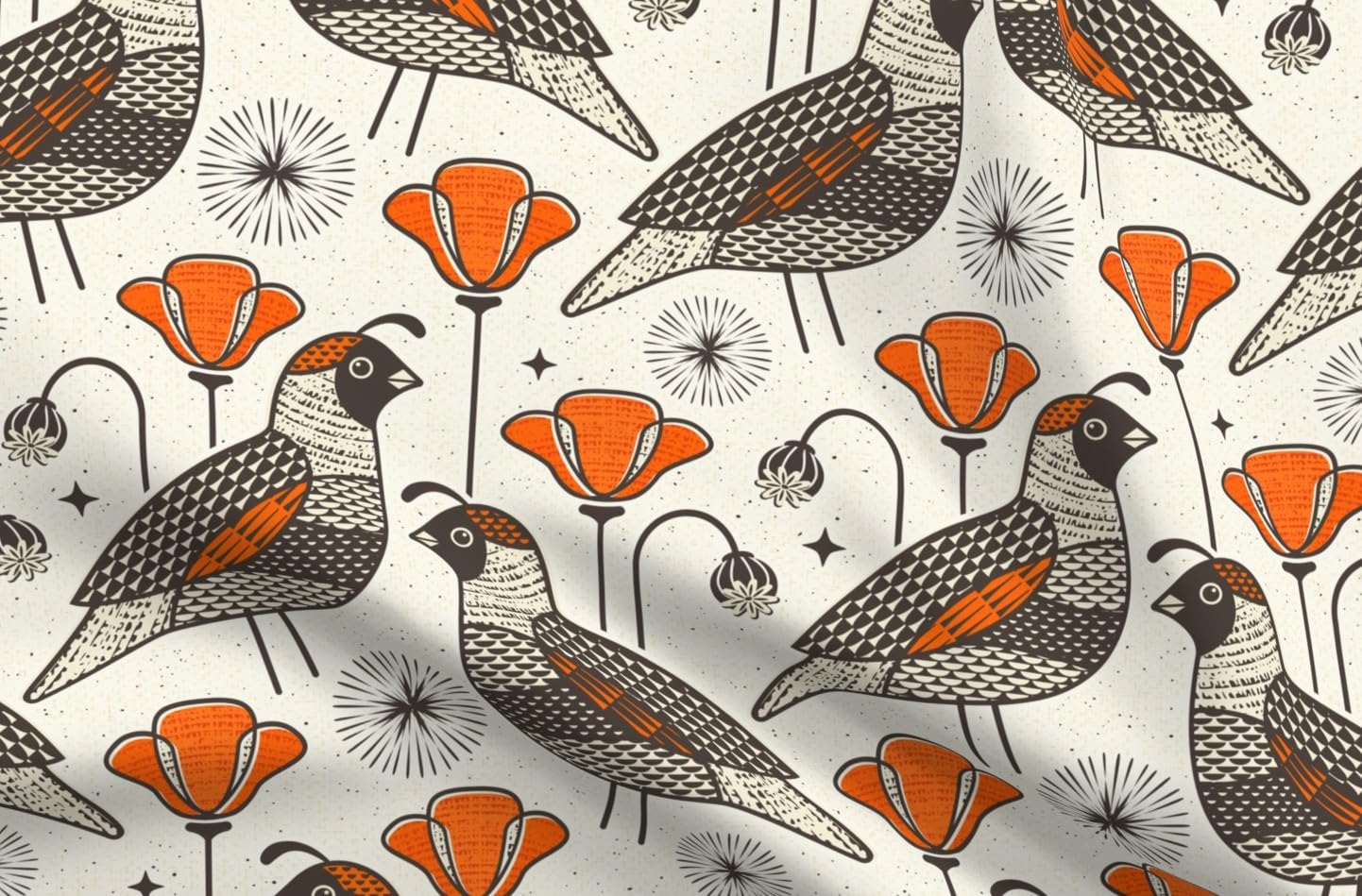 Spoonflower Fabric - Mid Century Quail Mod Floral Poppies Scandi Retro Neutral Bird Orange Printed on Petal Signature Cotton Fabric Fat Quarter - Sewing Quilting Apparel Crafts Decor