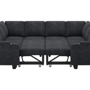 Belffin Sectional Sleeper Sofa Couch with Pullout Bed Modular Sectional Pull Out Couch with Storage. Dark Grey Couch