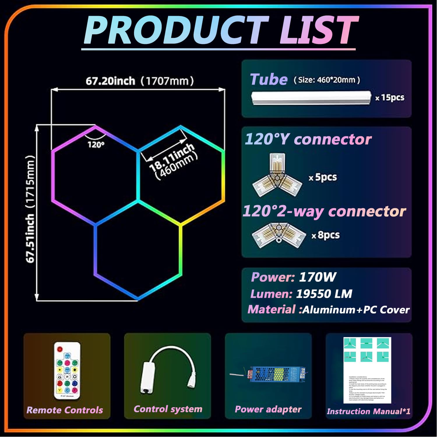 lylunnamsp RGB Hexagon Garage Light with Remote, 15 Pack Hexagon Lights, RGB Dimmable and Speed Adjustable LED Hexagon Lights, 358 Modes, LED Ceiling Lights for Gaming Room Bar Party