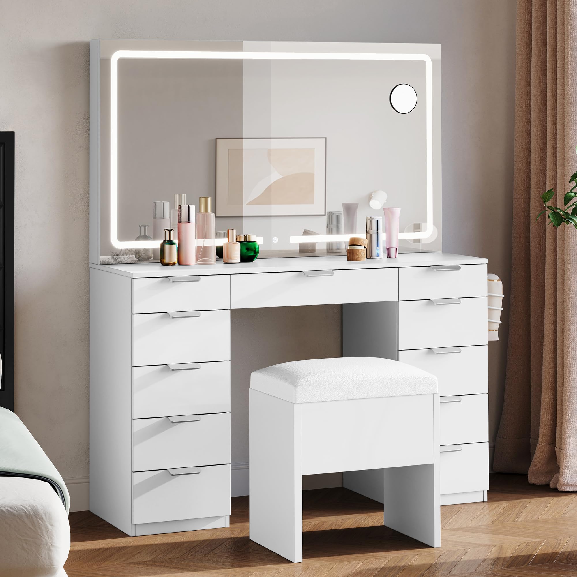 DWVO Vanity Desk with LED-Lit Mirror & Lights, Makeup Vanity Station with 11 Compartments and Magnifier, 46'' Dressing Table with Electrical Socket and Seating Storage for Bedroom, Frost White