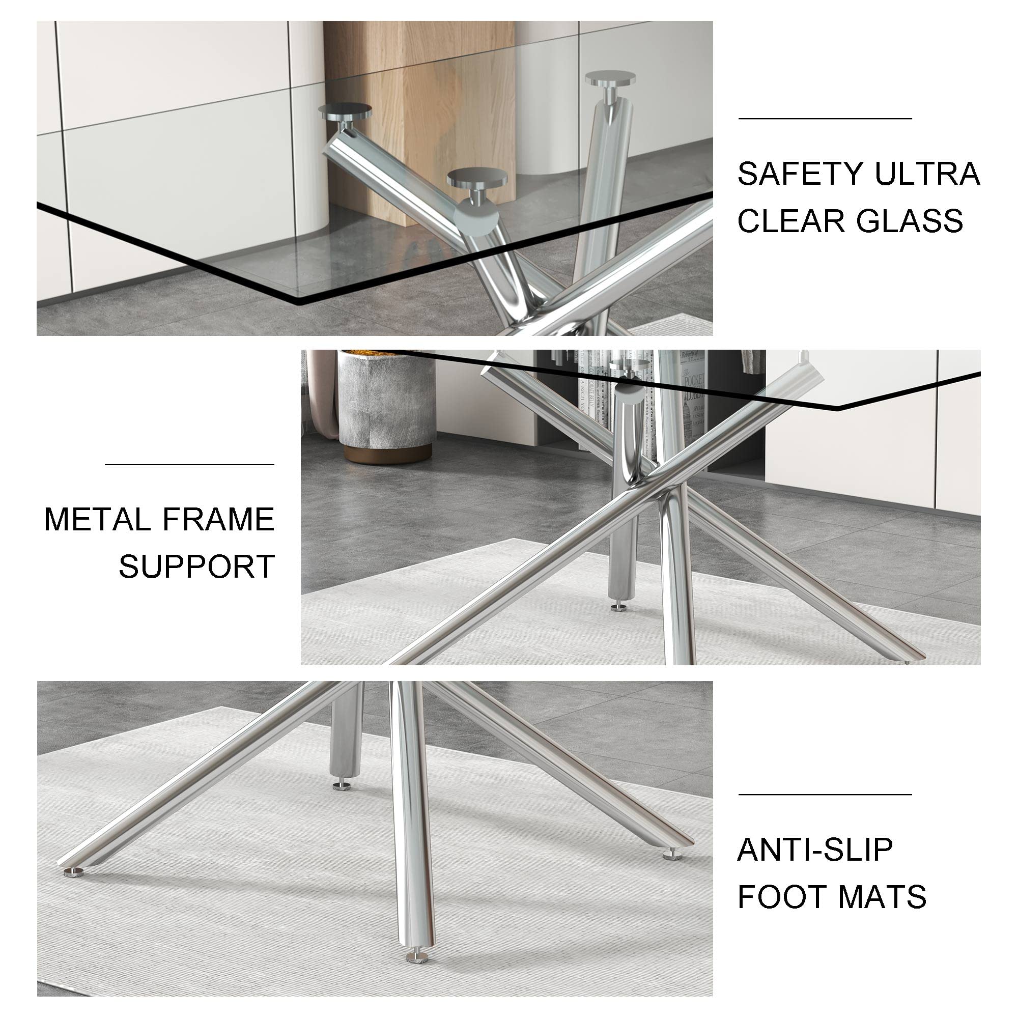 Ball & Cast 71" Modern Glass Dining Table with Rectangular Tempered Tabletop,Dinner Desk W/Silver Chrome Metal Legs,for Home,Kitchen,Dining Room,Office,Silver+Clear