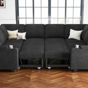 Belffin Sectional Sleeper Sofa Couch with Pullout Bed Modular Sectional Pull Out Couch with Storage. Dark Grey Couch