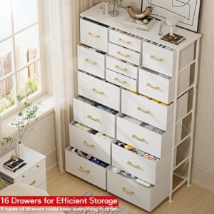 YILQQPER Tall Dresser for Bedroom,16 Drawer Dressers & Chests of Drawers, Fabric Bedroom Dresser with Wood Top, Metal Frame, Tall Storage Tower for Closet Entryway, White