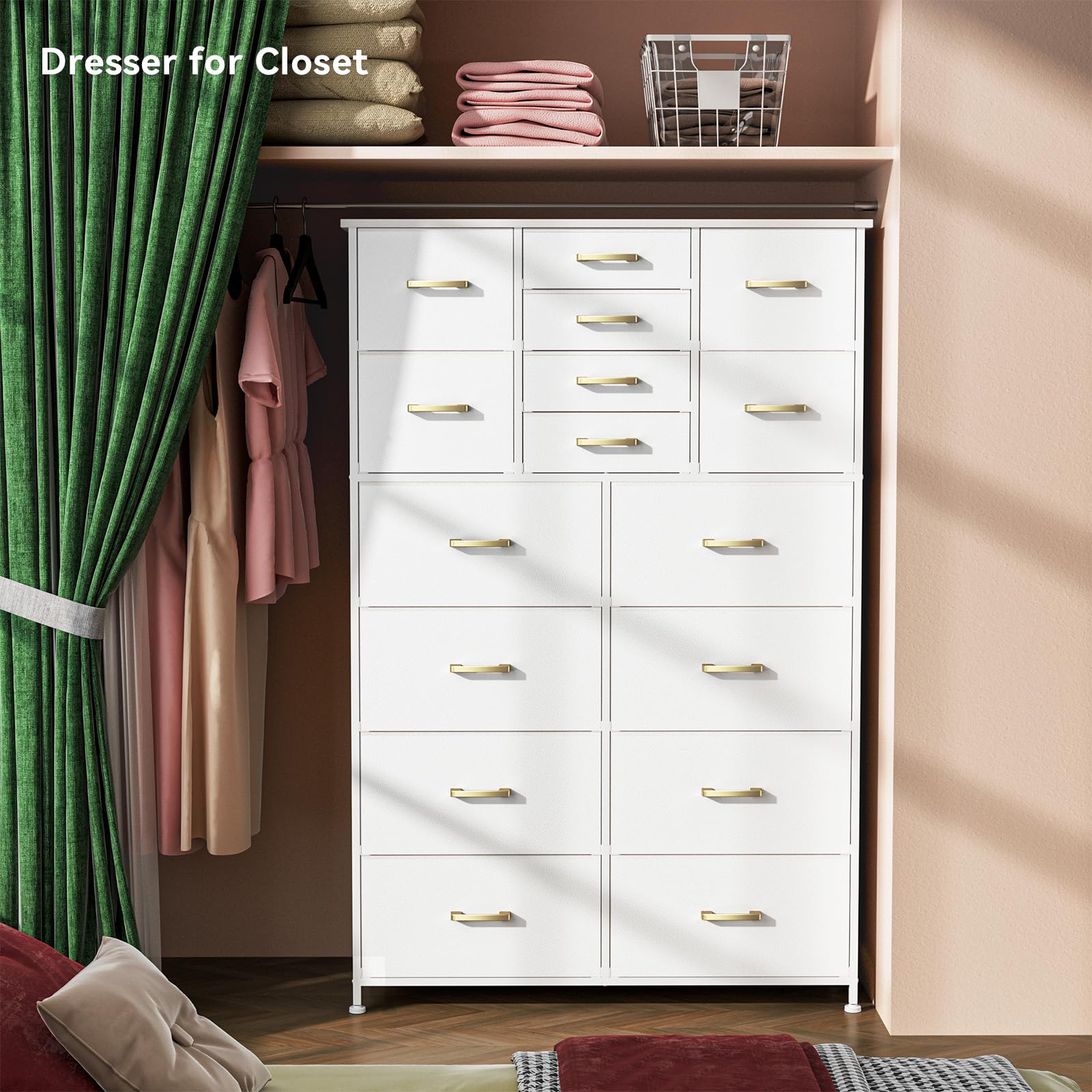 YILQQPER Tall Dresser for Bedroom,16 Drawer Dressers & Chests of Drawers, Fabric Bedroom Dresser with Wood Top, Metal Frame, Tall Storage Tower for Closet Entryway, White