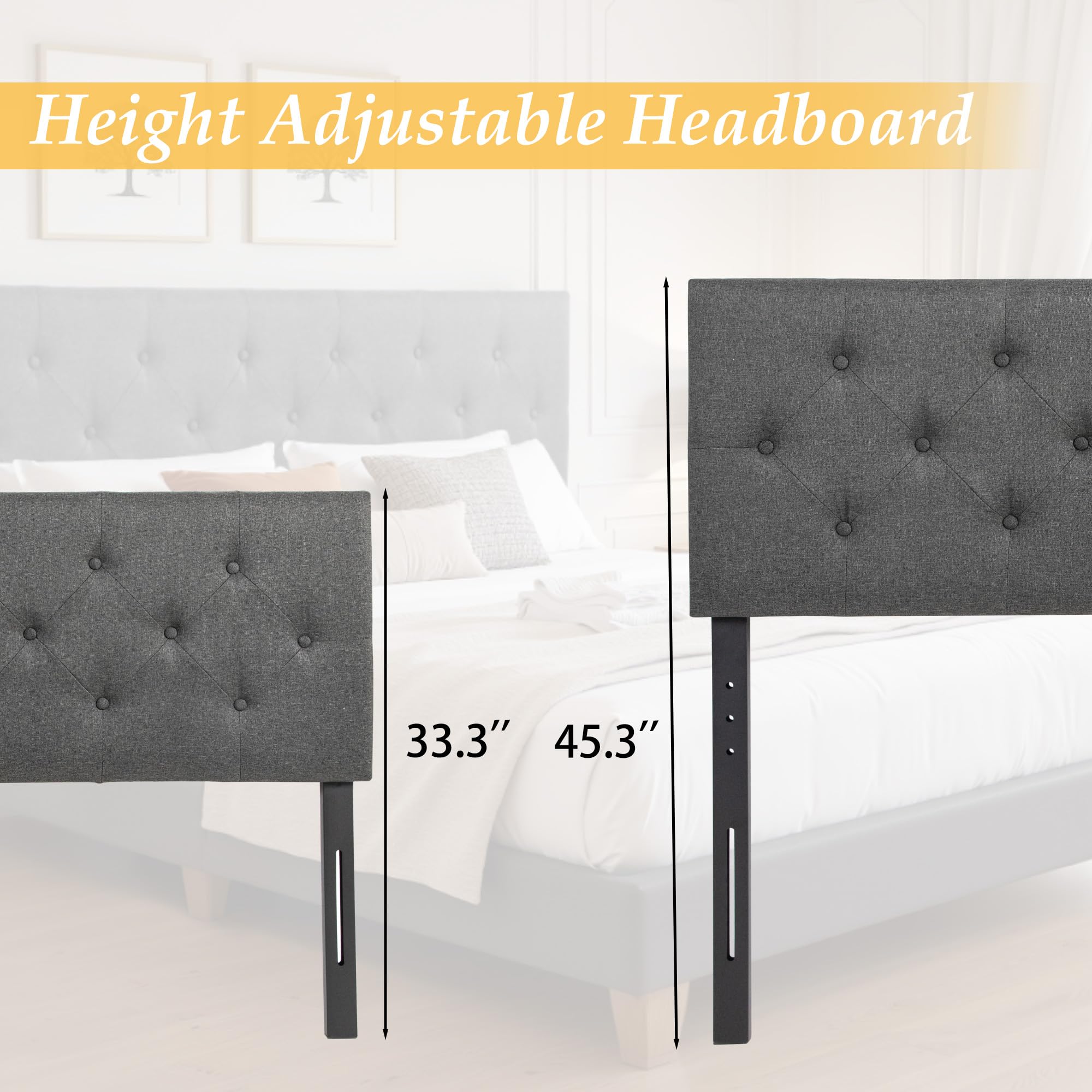 Lifezone Upholstered Queen Size Headboard,Height Adjustable Queen Size Headboard, 33.3 to 45.3 Inches,Sturdy Metal Legs, Easy to Assemble, Modern Button Simple Design, Grey