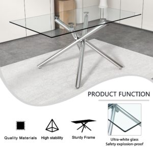 Ball & Cast 71" Modern Glass Dining Table with Rectangular Tempered Tabletop,Dinner Desk W/Silver Chrome Metal Legs,for Home,Kitchen,Dining Room,Office,Silver+Clear