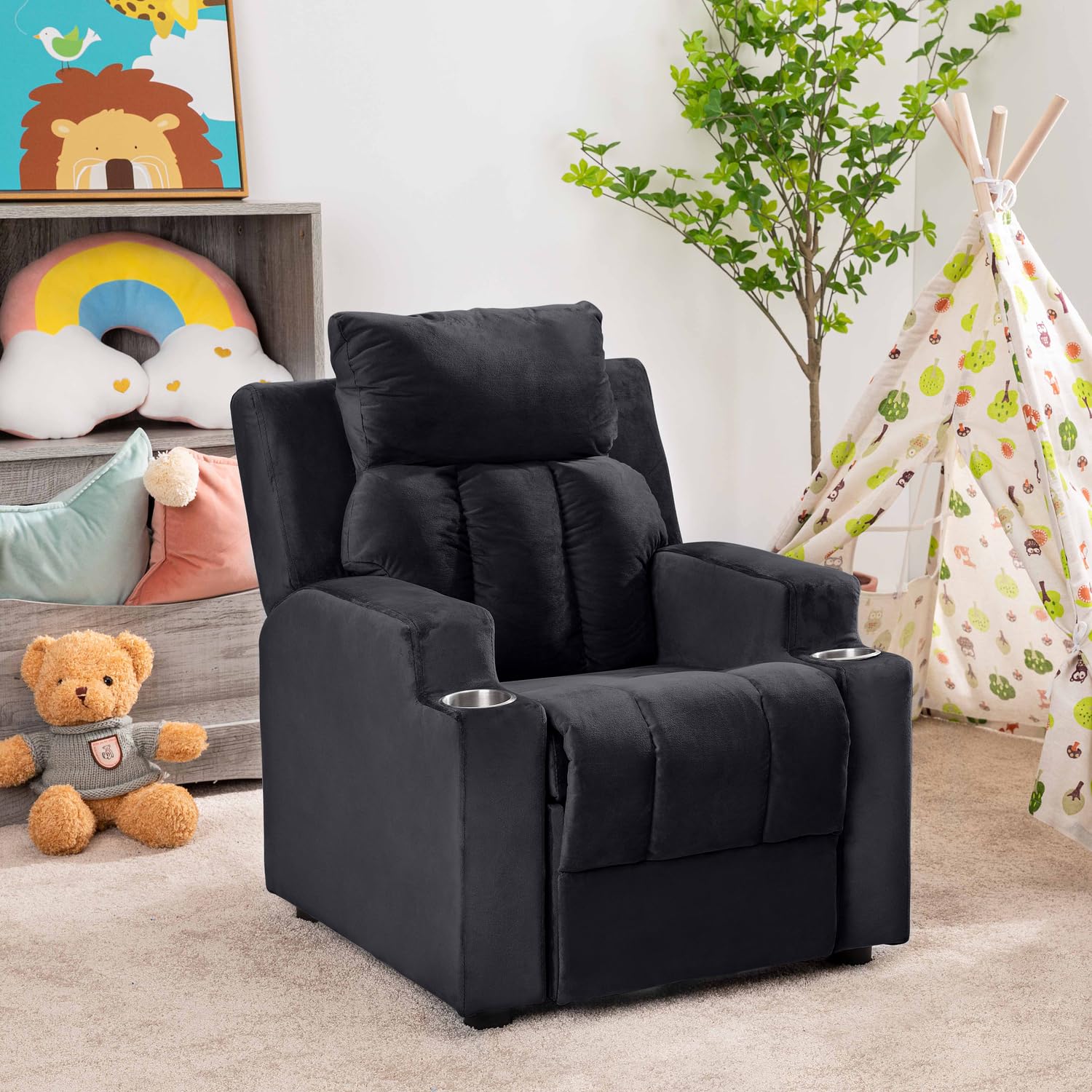 Sally Deluxe Kids Recliner Chair with Footrest & 2 Cup Holders, Push Back Toddler Recliner for Ages 3+, Perfect Kid Recliners for Boys & Girls - Ideal Recliner Chairs for Toddlers, Kids Room - Black