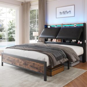 full size bed frame with ergonomic headboard, led lights bed frame with hidden storage, pu leather upholstered platform metal bed with charging station , no box spring needed, heavy duty, black&brown