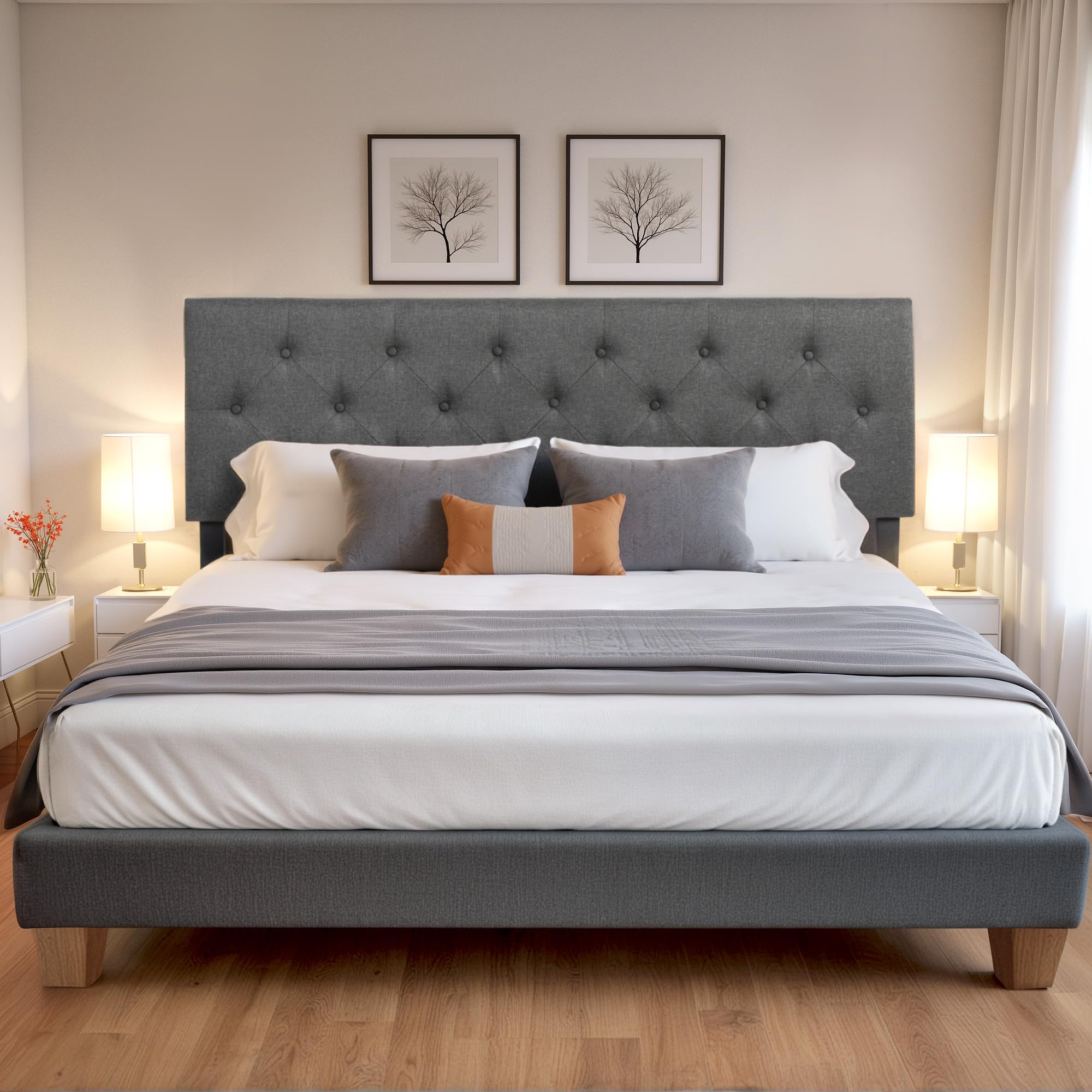 Lifezone Upholstered Queen Size Headboard,Height Adjustable Queen Size Headboard, 33.3 to 45.3 Inches,Sturdy Metal Legs, Easy to Assemble, Modern Button Simple Design, Grey