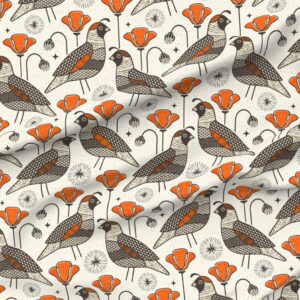 Spoonflower Fabric - Mid Century Quail Mod Floral Poppies Scandi Retro Neutral Bird Orange Printed on Petal Signature Cotton Fabric Fat Quarter - Sewing Quilting Apparel Crafts Decor