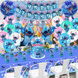 Stitch Party Supplies, 103PCS Birthday Decorations Set Include Banner, Balloons, Stickers, Hanging Swirls, Cake Cupcake Toppers, Tablecloth for Boys Girls Stitch Theme Party