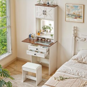 janflyhome small vanity desk with mirror and lights-farmhouse compact makeup vanity table with glass tabletop & drawers, 62.39'' dressing table with fold-up panel for small space & bedroom, white