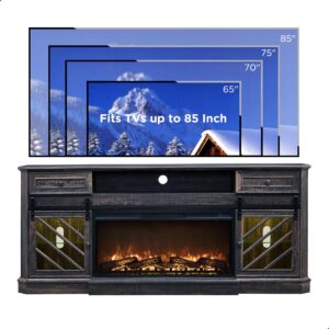 RedLemon Farmhouse Fireplace TV Stand for 85 Inch TV, 32” Tall Highboy Entertainment Center w/36” Electric Fireplace, Modern Media Console w/Drawers Storage for Living Room, Dark Rustic Oak