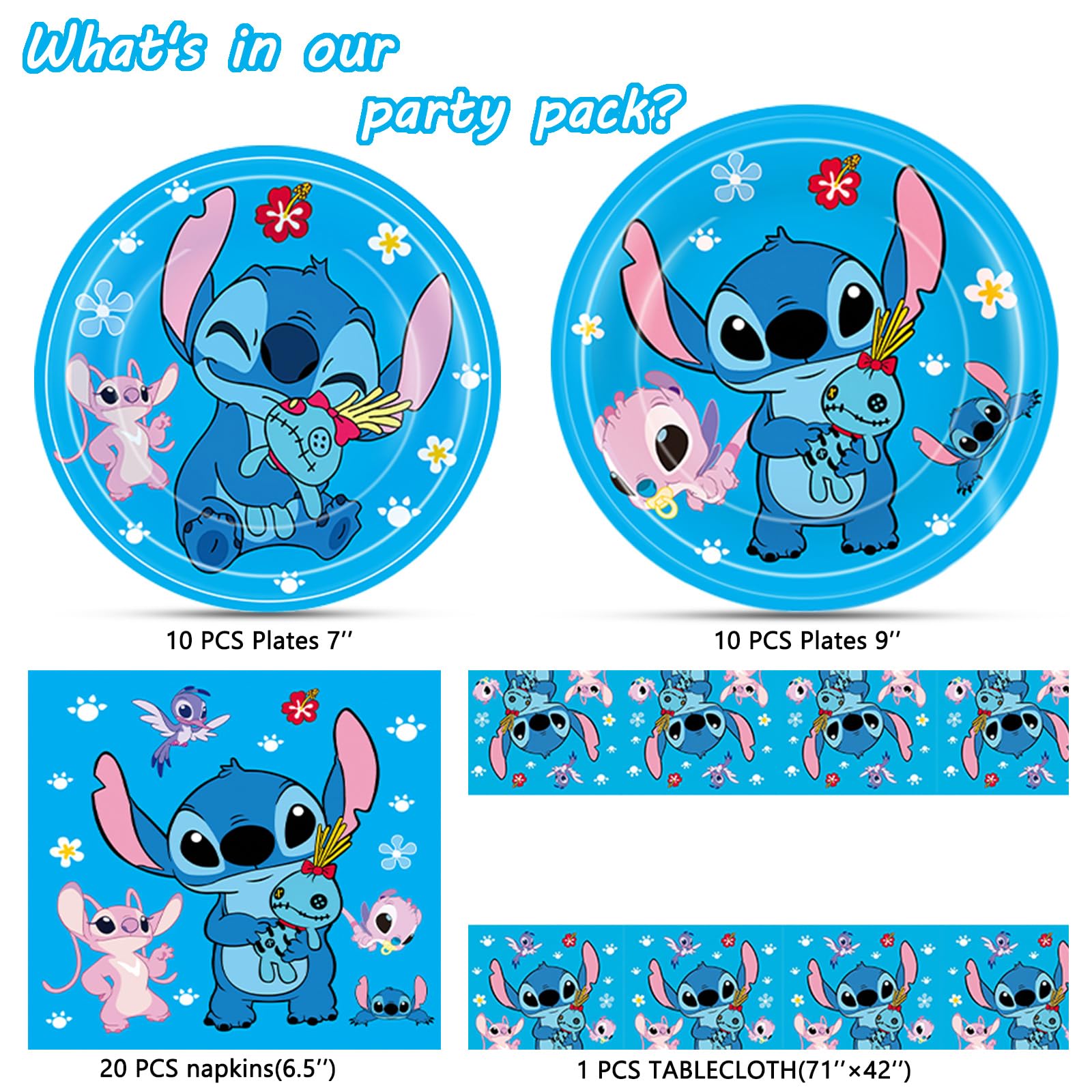 Stitch Party Supplies, 20 Plates, 20 Napkins and 1 Tablecover for Stitch Birthday Party Decorations