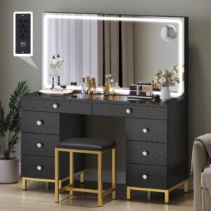 yitahome vanity desk with mirror, power outlet and magnifying glass, makeup table with 8 drawers, 3 lighting colors, for bedroom and dressing areas, black