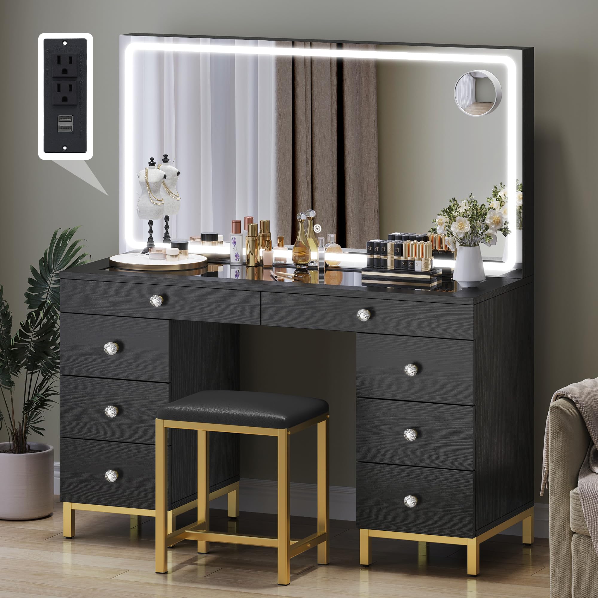 YITAHOME Vanity Desk with Mirror, Power Outlet and Magnifying Glass, Makeup Table with 8 Drawers, 3 Lighting Colors, for Bedroom and Dressing Areas, Black