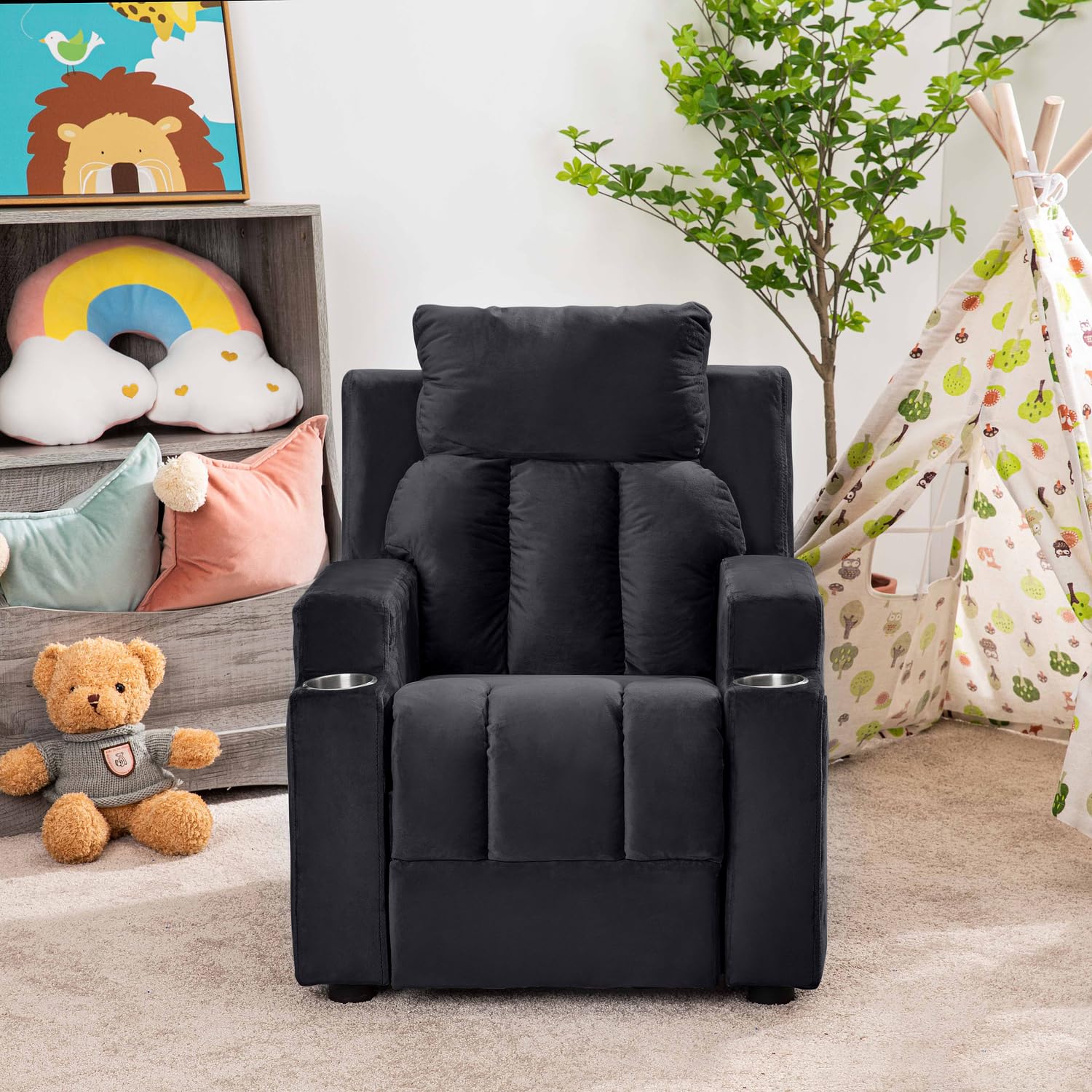 Sally Deluxe Kids Recliner Chair with Footrest & 2 Cup Holders, Push Back Toddler Recliner for Ages 3+, Perfect Kid Recliners for Boys & Girls - Ideal Recliner Chairs for Toddlers, Kids Room - Black