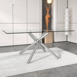 Ball & Cast 71" Modern Glass Dining Table with Rectangular Tempered Tabletop,Dinner Desk W/Silver Chrome Metal Legs,for Home,Kitchen,Dining Room,Office,Silver+Clear