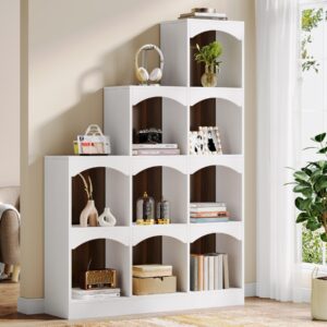 tribesigns 9 cubes bookshelf, modern 9-cube stepped etagere bookcase, l-shaped ladder corner open bookshelf, wood storage display shelf for living room home office, white