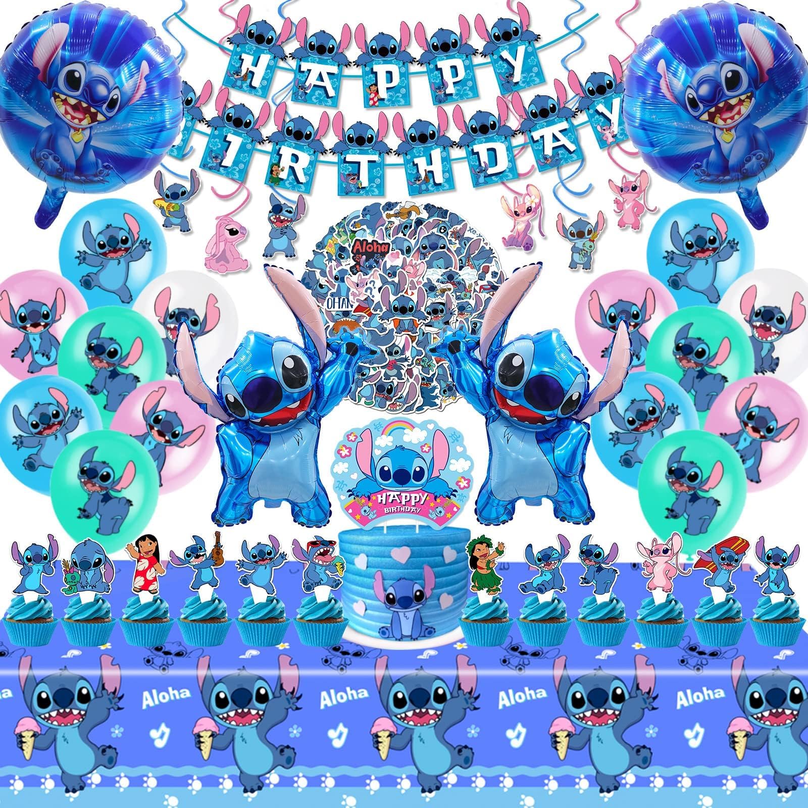 Stitch Party Supplies, 103PCS Birthday Decorations Set Include Banner, Balloons, Stickers, Hanging Swirls, Cake Cupcake Toppers, Tablecloth for Boys Girls Stitch Theme Party