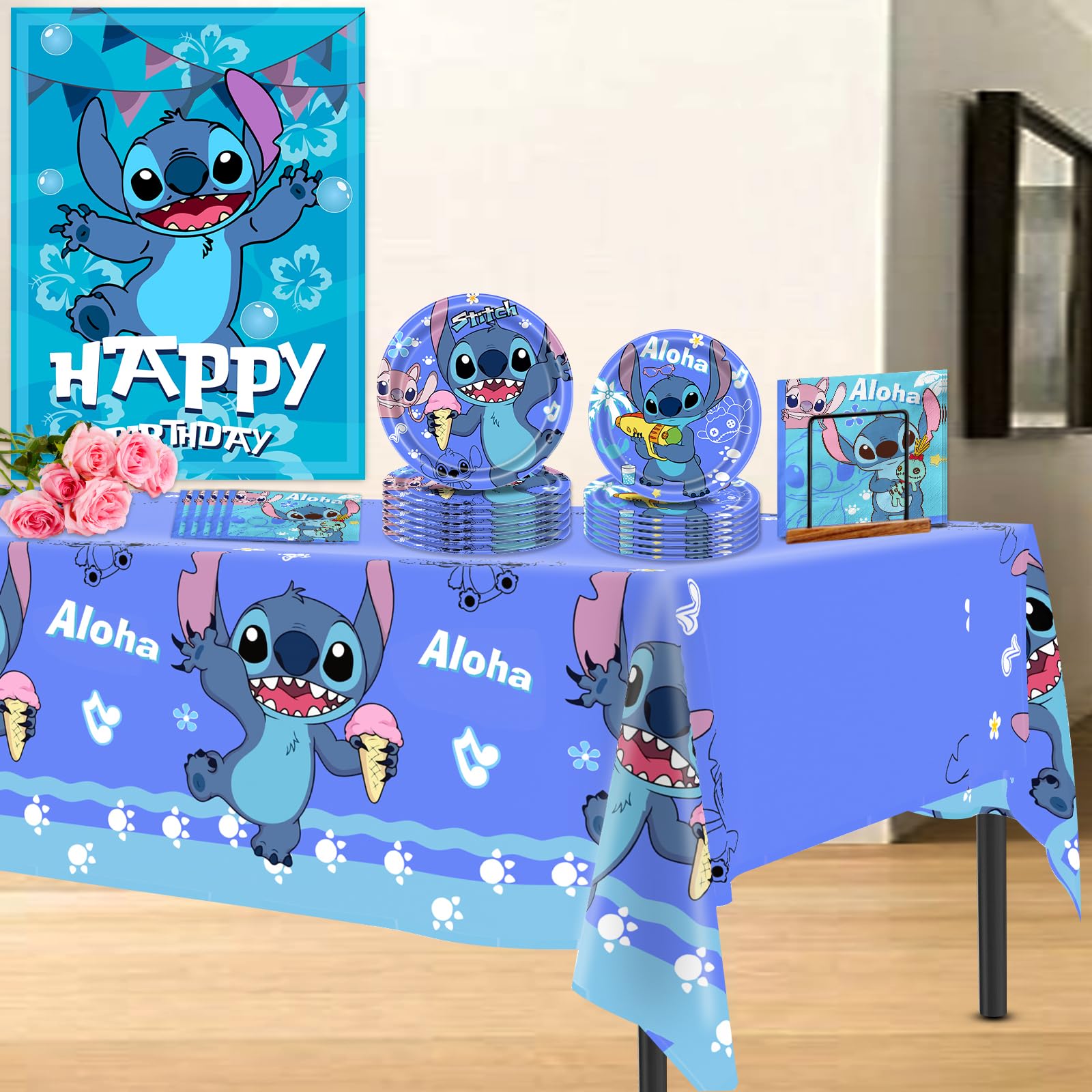 Stitch Party Supplies, 16 Plates, 20 Napkins and 1 Tablecover for Stitch Birthday Party Decorations